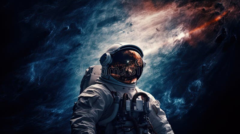 Astronaut in Open Space on Orbit of Earth Planet. Shadow of Night and ...