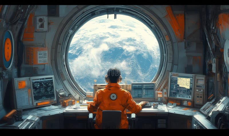 An Astronaut Operates a Console Inside a Spaceship, Analyzing Data on a ...