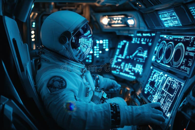 Astronaut Operates a Futuristic Spacecraft Control Panel in Deep Space ...