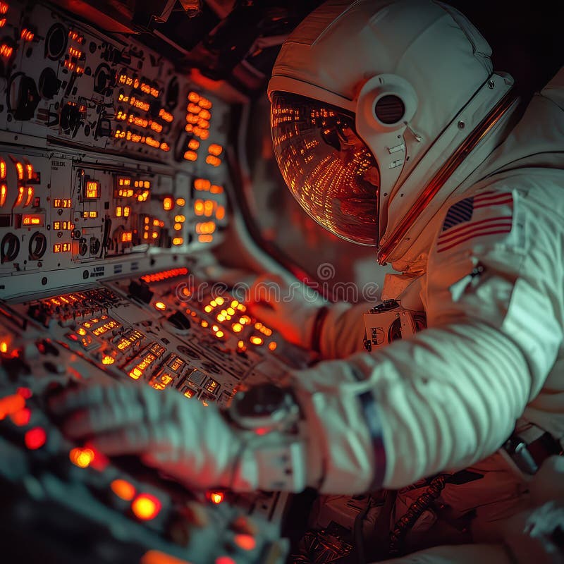 Astronaut Operating Control Panel in Futuristic Space Environment Stock ...
