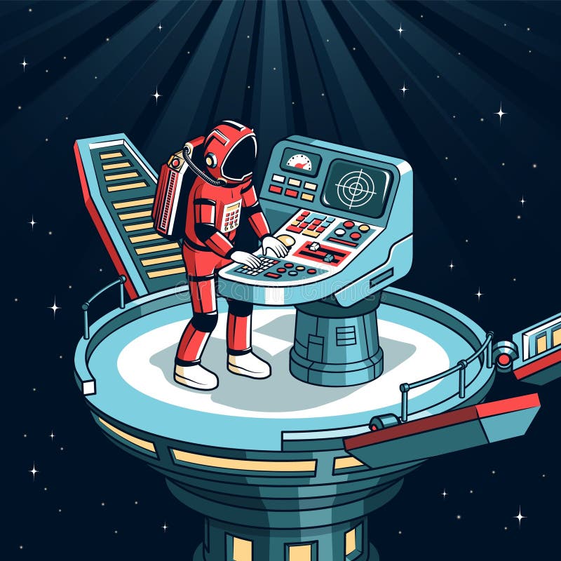 Astronaut Operating Control Panel on a Futuristic Spacecraft in Deep ...