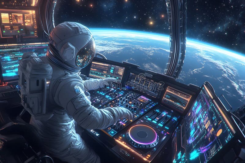 Astronaut Operating High-tech Spacecraft Controls in Orbit with Earth ...
