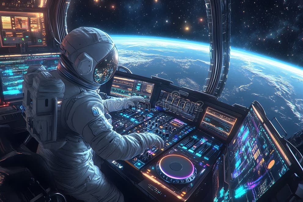 Astronaut Operating High-tech Spacecraft Controls in Orbit with Earth ...