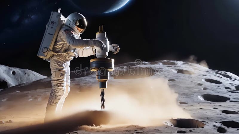 An Astronaut is Drilling on the Surface of the Moon As Part of Research ...