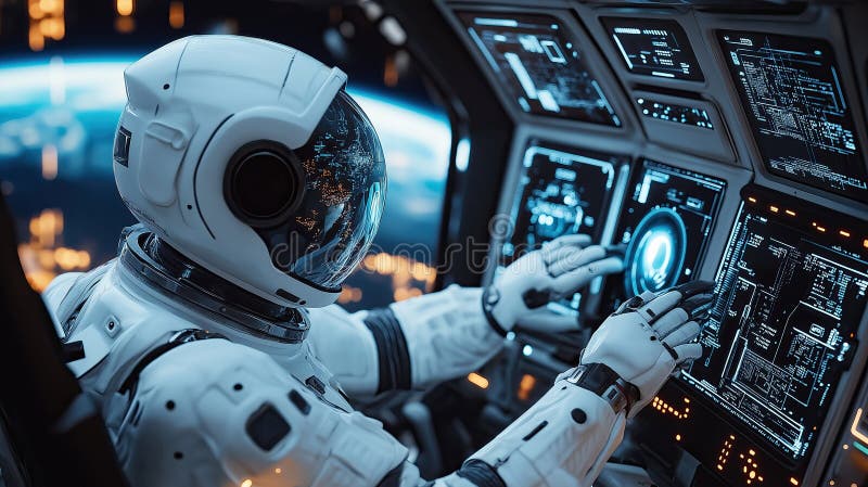 Astronaut Operating Spaceship Controls in High-tech Cockpit with Earth ...