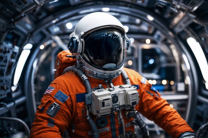 Astronaut in Orange Suit Inside Futuristic Spaceship, Ai Generative ...