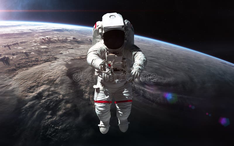 Astronaut in Orbit of Planet Earth. Solar System Stock Image - Image of ...