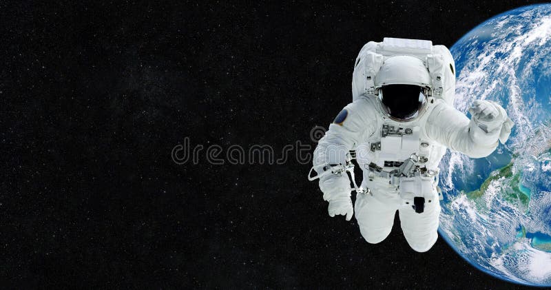 Spaceman in Outer Space Flies Near the Planet Earth at Sunset ... Spaceman in Outer Space Flies Near the Planet Earth at Sunset ...