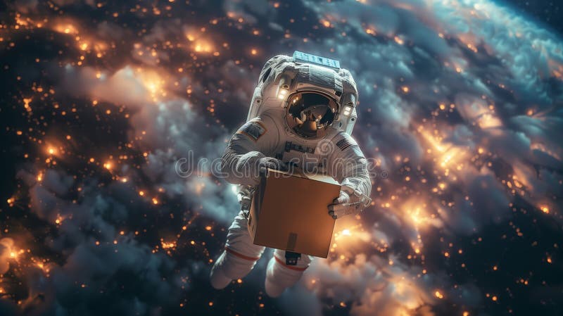 Astronaut in Outer Space with a Brown Cardboard Box. the Delivery ...