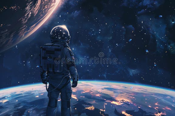 Astronaut in Outer Space Looking at the Earth Stock Illustration ...