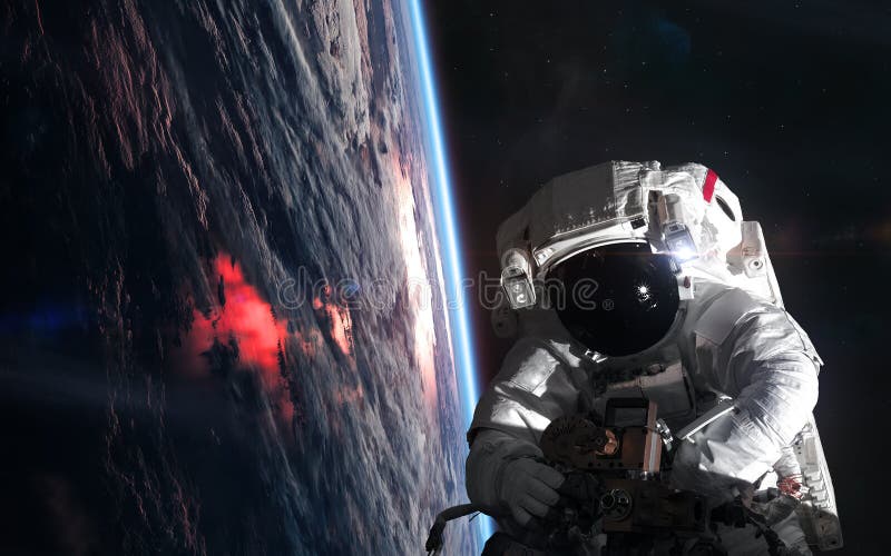 Astronaut in Outer Space Orbiting Planet Earth. Solar System Stock ...