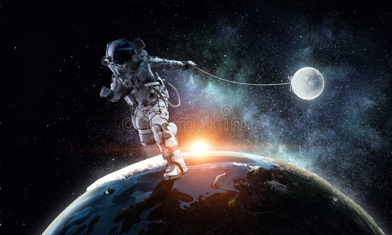 Spaceman Run on Rope. Mixed Media Stock Image - Image of atmosphere ...