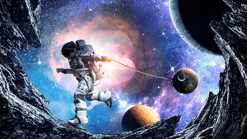 Fantasy Image with Spaceman Catch Planet. Mixed Media Stock ...
