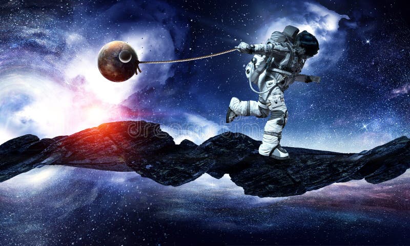 Spaceman Run on Rope. Mixed Media Stock Image - Image of atmosphere ...