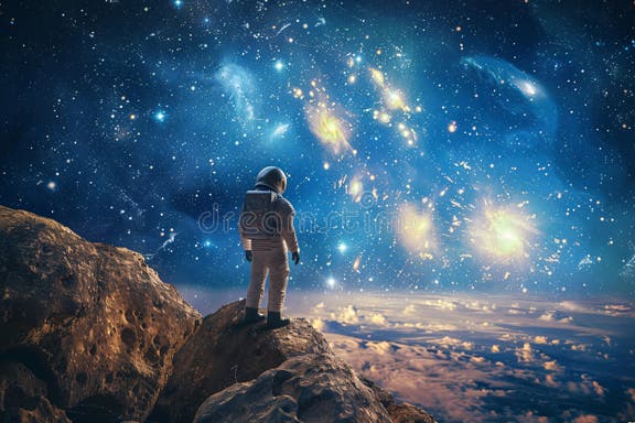 Astronaut in Outer Space Standing and Looking on Earth Stock ...
