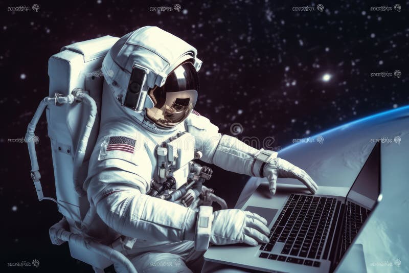 Astronaut in Outer Space Working on a Laptop Neural Network, AI Stock ...