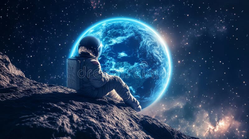 Astronaut Overlooking Earth from Lunar Edge Stock Photo - Image of ...