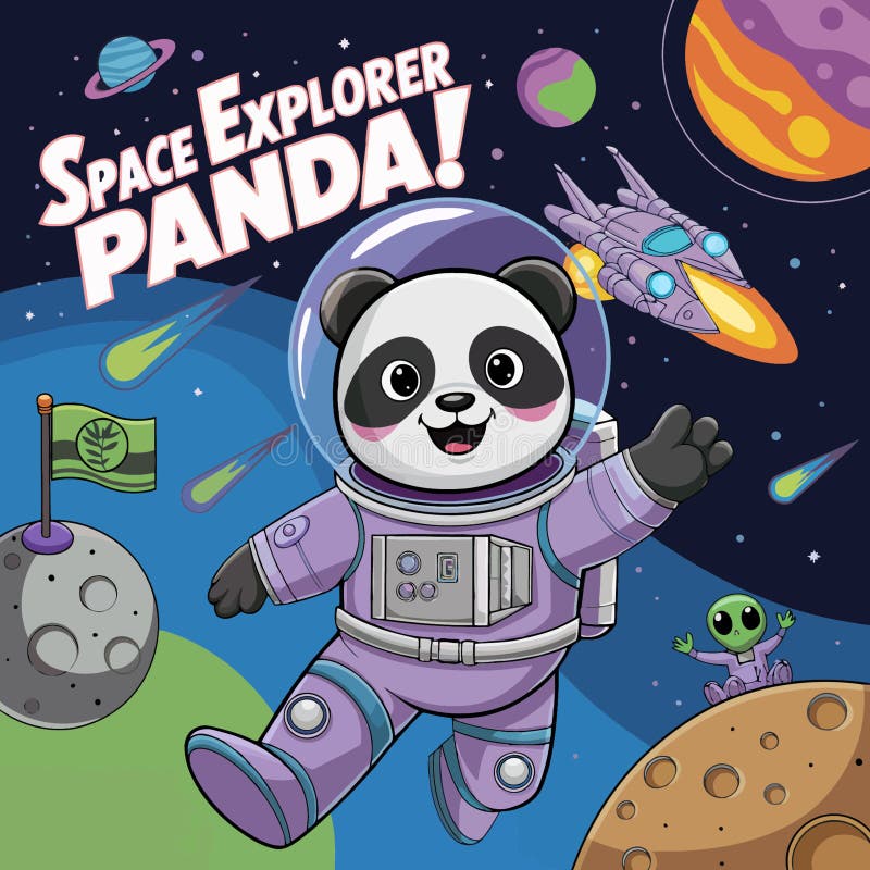 Astronaut Panda Exploring Outer Space with Friendly Alien and Spaceship ...