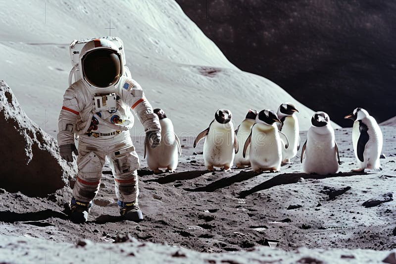 Astronaut with Penguins on the Moon Generative AI Stock Illustration ...