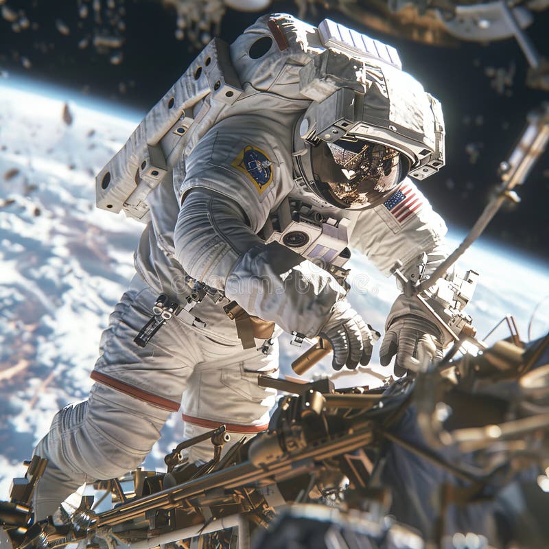 Astronaut Performing Maintenance on a Space Station, Surrounded by ...