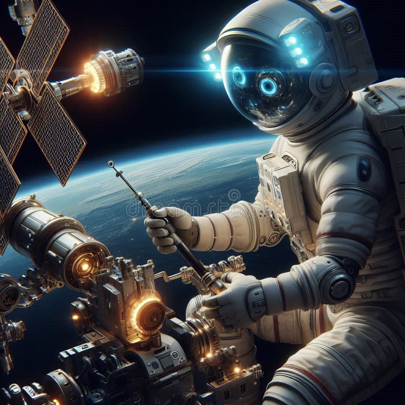 Astronaut Performing Space Station Repairs in Outer Space Stock Photo ...