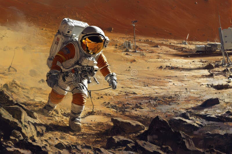 Astronaut Performing a Spacewalk while Exploring the Surface of Mars ...