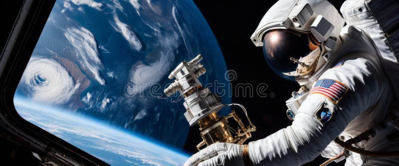 Astronaut Performing Tasks with Earth in the Background Stock Image ...