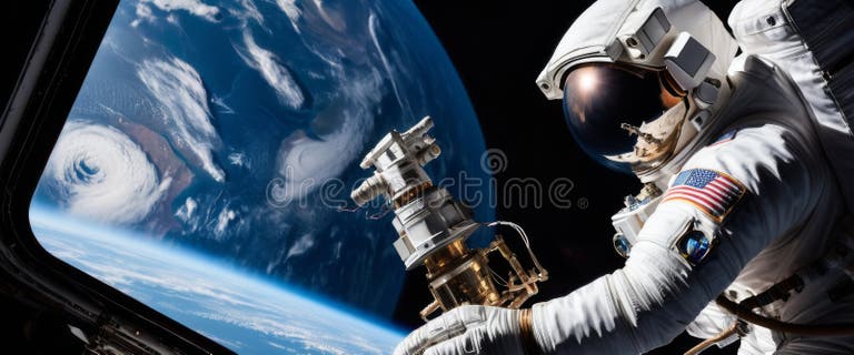 Astronaut Performing Tasks with Earth in the Background Stock Image ...