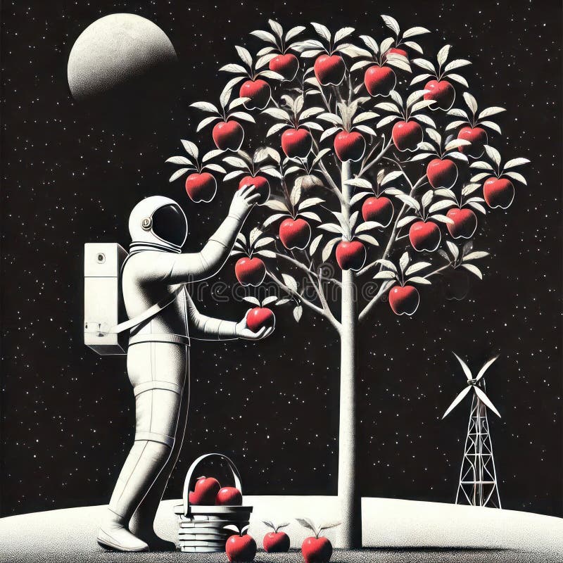 An Astronaut Picks Apples from a Tree in Space. Stock Image - Image of ...