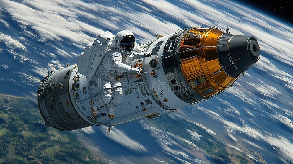 Astronaut Pilots Spacecraft Above Earth Stock Illustration ...