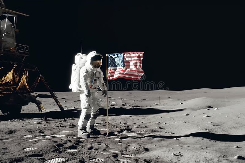 Astronaut Placing an American Flag on the Moon, Space Exploration ...