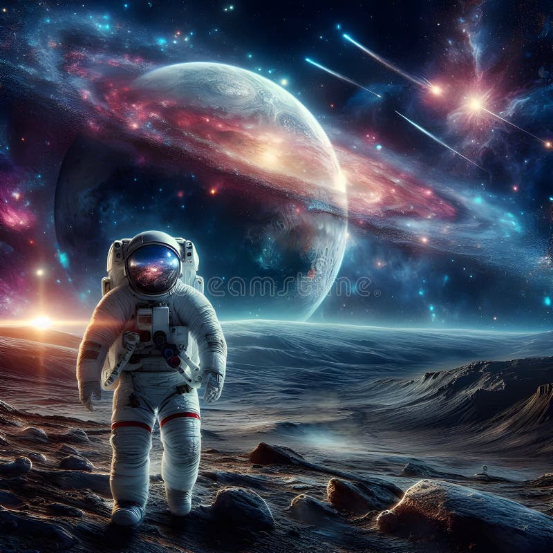 An Astronaut Walking on a Planet with an Amazing Background Stock Photo ...