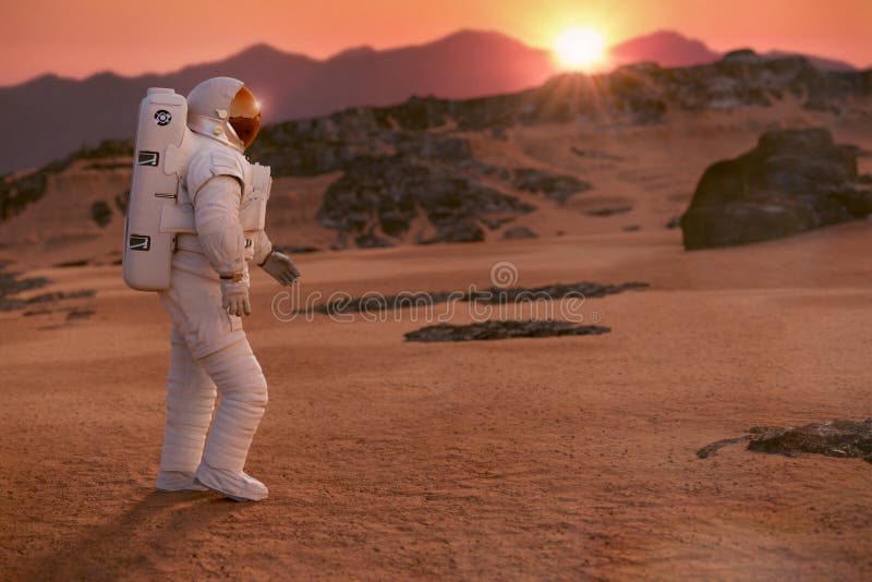 Astronaut on Planet Mars, Walking through a Desert Landscape Stock ...