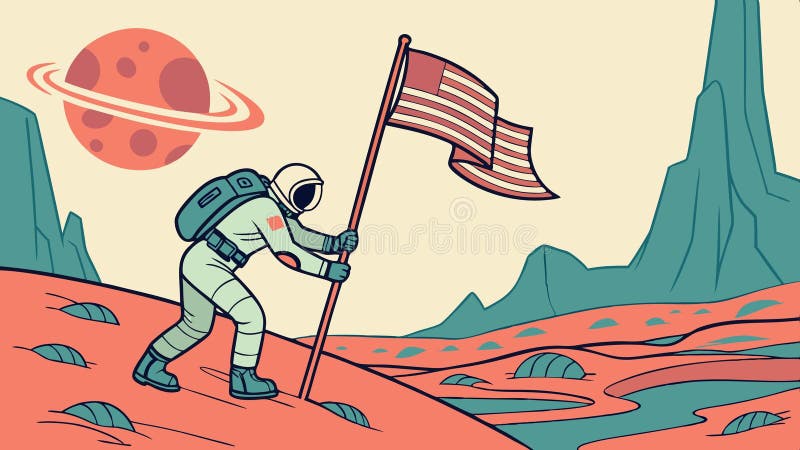 Astronaut Planting Flag, Space Exploration and Lunar Mission. Vector ...