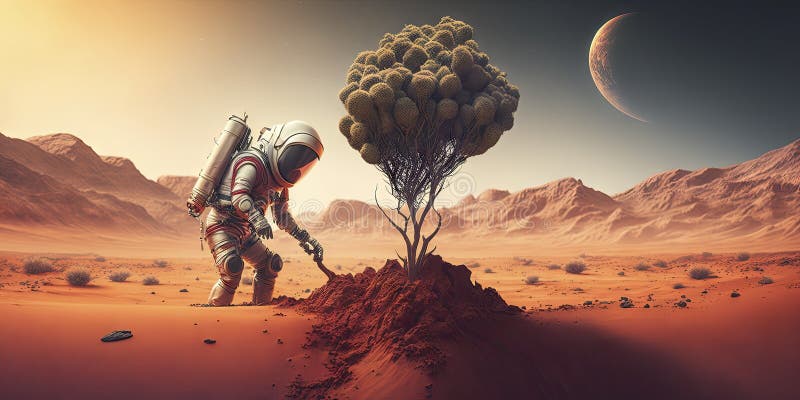 Astronaut Planting a Tree on Mars Stock Illustration - Illustration of ...