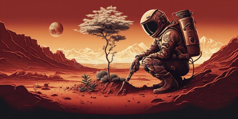 Astronaut Planting a Tree on Mars Stock Illustration - Illustration of fiction, future: 271126575