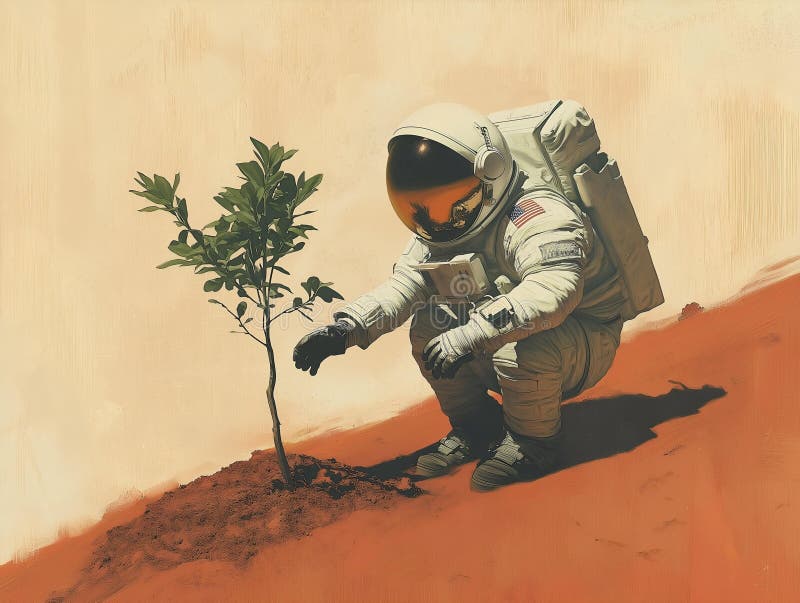 Astronaut Planting Tree on Mars, Red Planet Surface, Sunlight Stock ...