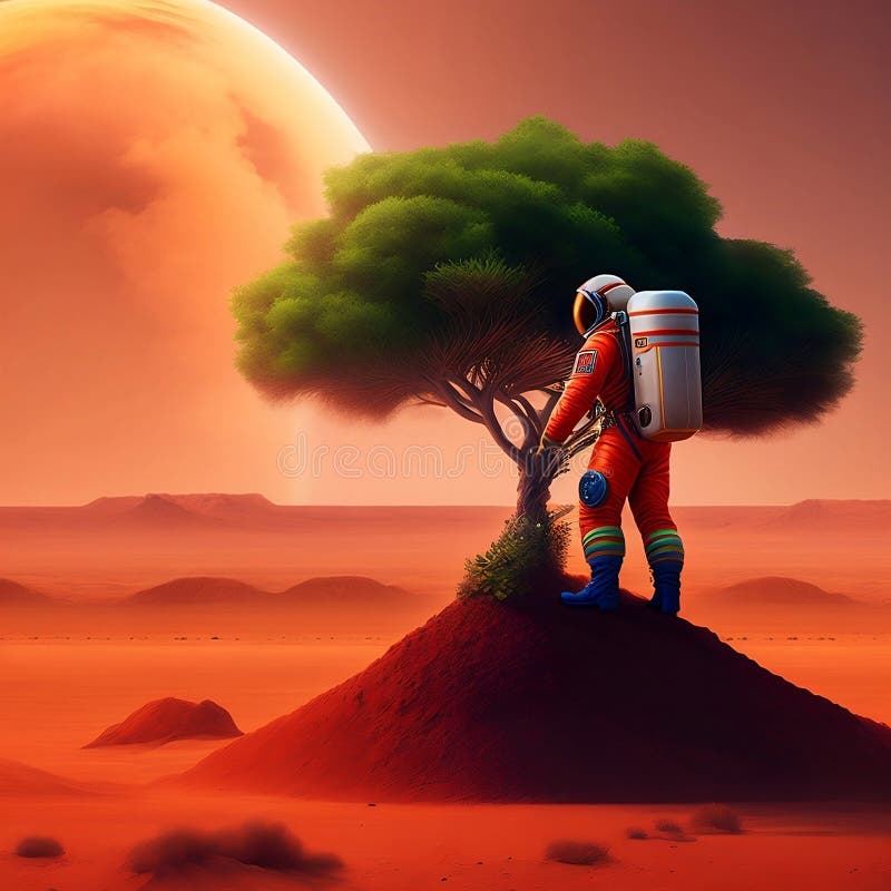 Astronaut Planting Tree on Mars. Space Travel. Generative AI. AI Stock ...