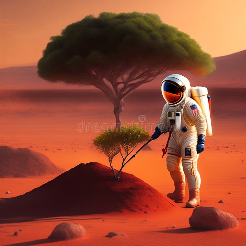 Astronaut Planting Tree on Mars. Space Travel. Generative AI. AI Stock ...