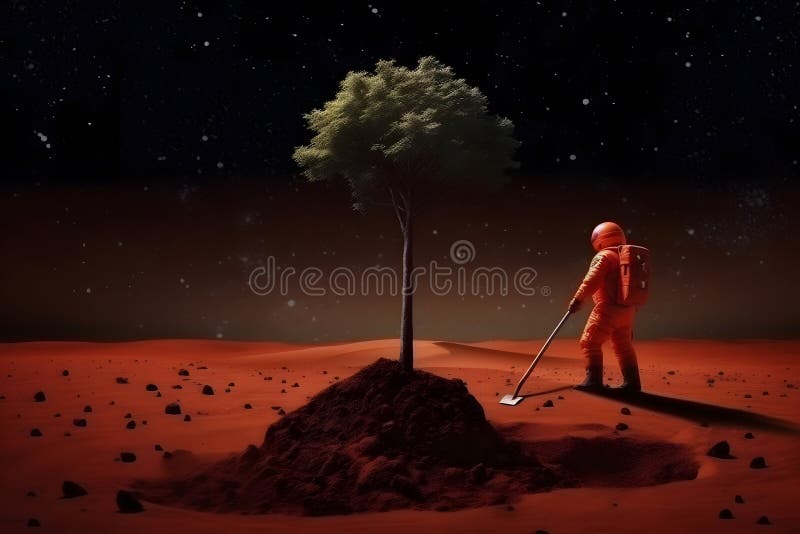 Astronaut Planting a Tree on the Moon or Mars. Neural Network AI ...