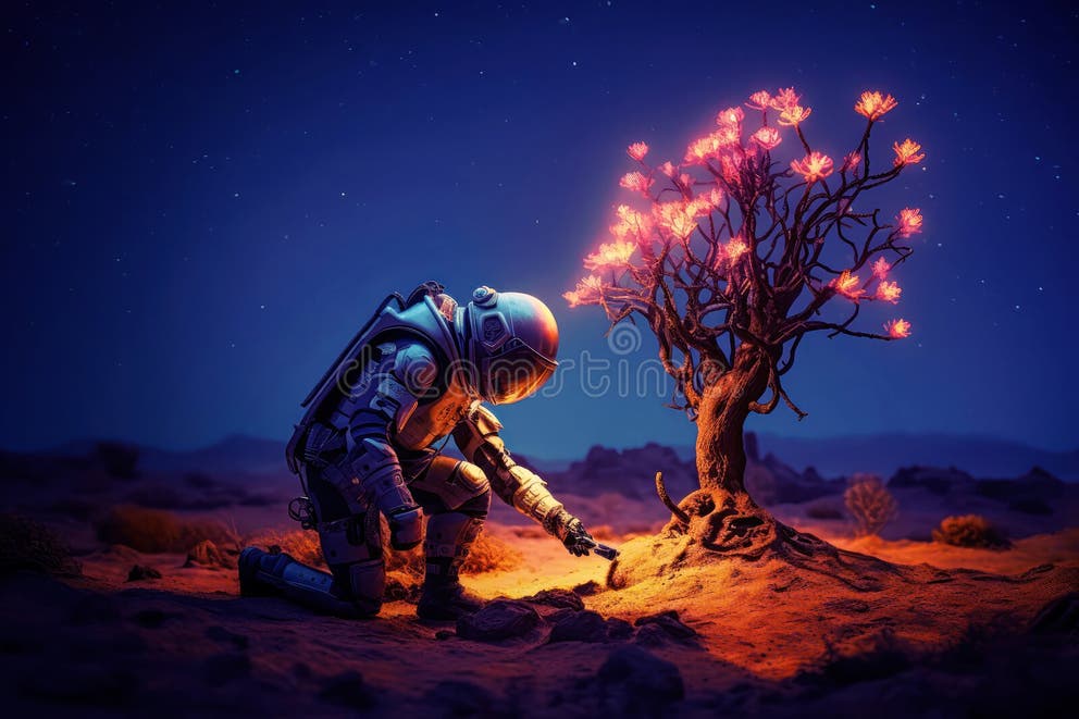 Astronaut Planting a Tree on Planet Mars. Generative AI Stock ...