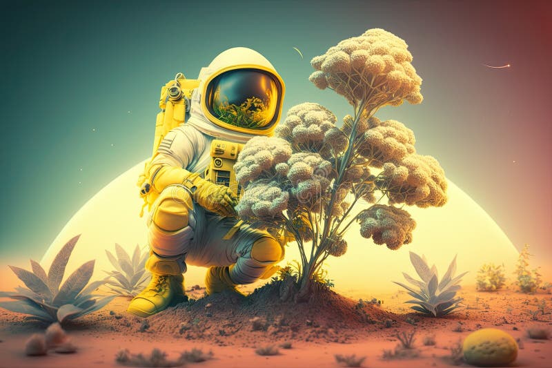 Astronaut Plants a Tree on Some Planet in the Galaxy. Future Concept ...