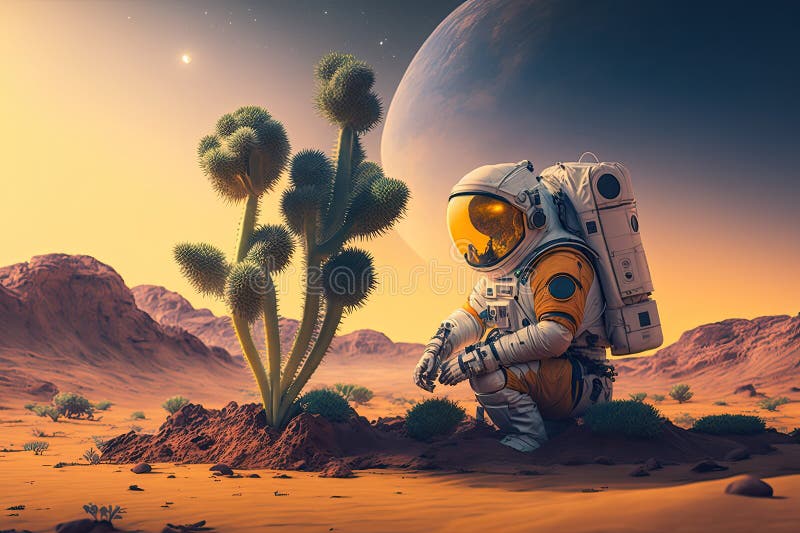 Astronaut Plants a Tree on the Red Planet Mars. Generative AI Stock ...
