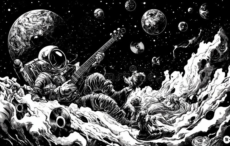 An Astronaut Playing Guitar in a Cosmic Landscape Filled with Planets ...