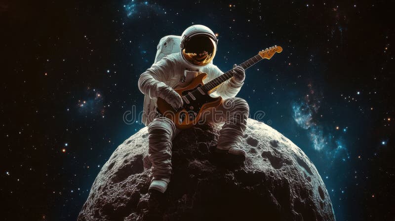 Astronaut Playing Guitar on the Moon Under a Starry Sky during a Cosmic ...