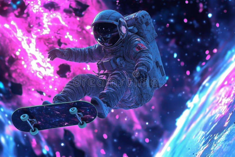 Astronaut Playing Skateboard in Space Ai Illustration Stock ...