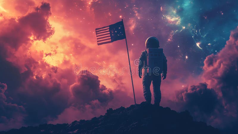 Astronaut Stands on Alien Landscape Holding American Flag Against a ...
