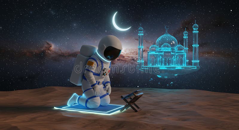 Astronaut Praying on Planet with Crescent Moon and Glowing Building ...