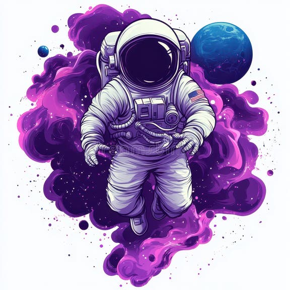 Astronaut in Purple Nebula Space Art Stock Illustration - Illustration ...
