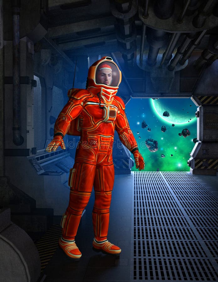Astronaut with Red Suit Exploring a Space Ship, 3d Illustration Stock ...